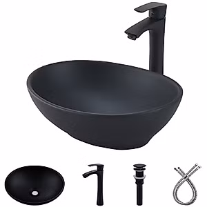 Oval Black Vessel Sink with Faucet and Drain Combo -Bokaiya 16x13 Ceramic Bathroom Sink Above Counter Vessel Sink Oval Porcelain Ceramic Bathroom Lavatory Vanity Sink Art Basin Set