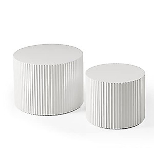 kevinplus White Round Nesting Coffee Table Set of 2 Modern Drum Side Table End Table for Living Room, Wood Circle Embossed Design Coffee Table Contemporary Living Room Table Set, Matte White