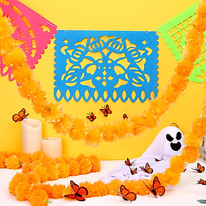 18 Pcs Day of The Dead Party Banners Day of The Dead Party Decorations Dia De Los Muertos Day of The Dead Decor with 24 Pcs Monarch Butterfly 3 Artificial Marigold Flowers Garland for Diwali Decor
