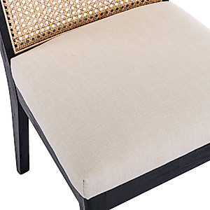 VESCASA Upholstered Dining Chairs with Square Rattan Back, Armless Padded Linen Cushion Dining Chairs with Wood Legs for Dining Room, Kitchen, Set of 2, Black Frame