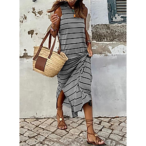 BLENCOT Womens Sleeveless Striped Racerback Maxi Sundresses Backless Beach Long Tank Dresses Gray XL
