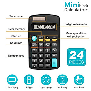 24 Pack Basic Calculators for Students Pocket Size Mini Calculators 8 Digit Display Basic Calculator Solar Battery Dual Power Handheld Calculators for Office School and Home