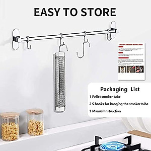 Pellet Smoker Tube, 12'' Stainless Steel Wood Pellet Smoke Tube for Cold/Hot Smoking, Portable Barbecue BBQ Smoke Generator Works with Electric Gas Charcoal Grill Smokers (Hexagon Tube+2Hooks)