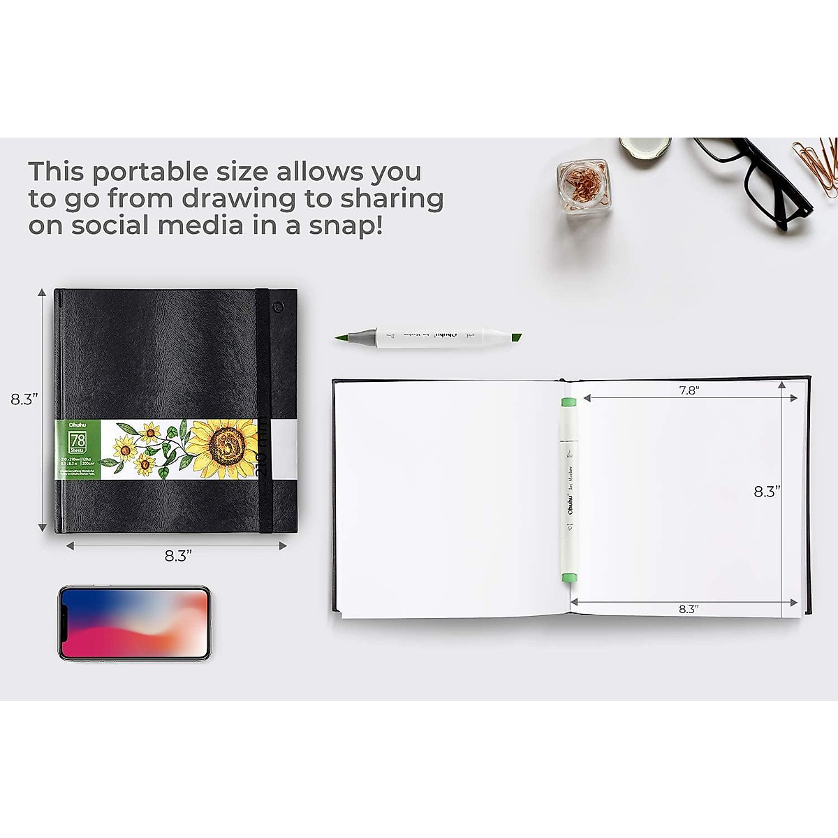 Ohuhu Sketchbook Marker Paper Pad: 8.3"x8.3" Square Art Sketch Book Drawing Papers 78 Sheets/156 Pages 120 LB/200 GSM Hardcover Sketching Books for Alcohol Markers Heavyweight Sketchpad Christmas Gift