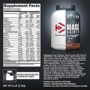Dymatize Super Mass Gainer Protein Powder, 1280 Calories & 52g Protein, 10.7g BCAAs, Mixes Easily, Tastes Delicious, Rich Chocolate, 6 lbs