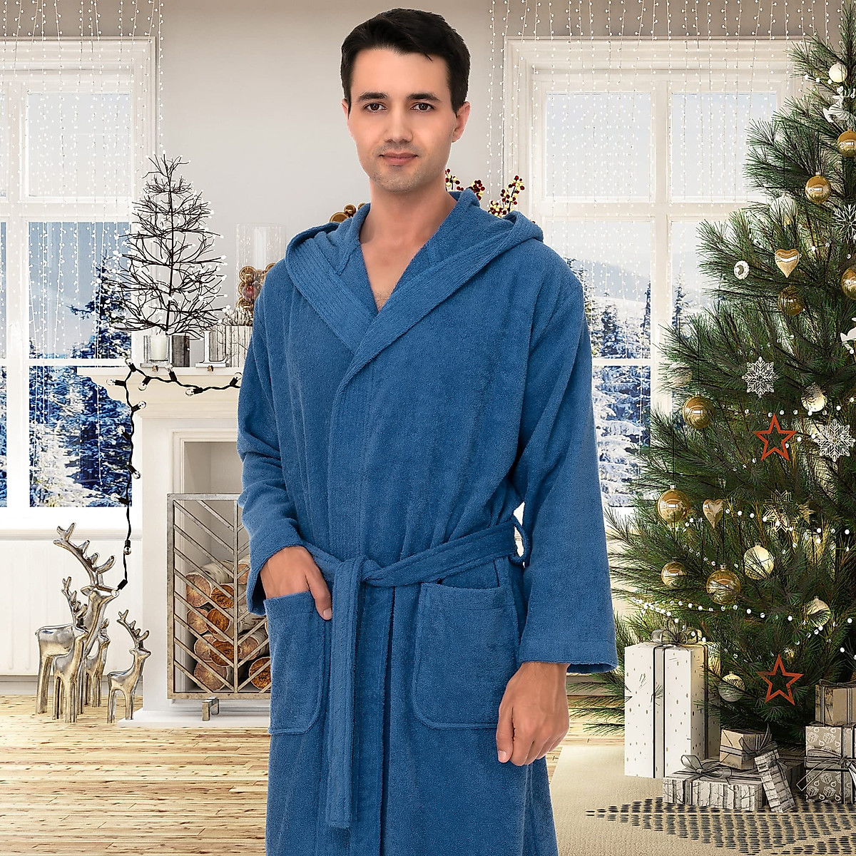 TowelSelections Mens Hooded Robe, Premium Cotton Terry Cloth Bathrobe, Soft Bath Robes for Men XX-Large Blue
