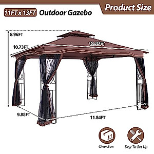 GARTOO 11'x13' Outdoor Patio Gazebo - Porch Gazebo with Polyester Roof & Breathable Netting, Best for Garden, Lawn, Backyard Deck (Chocolate)