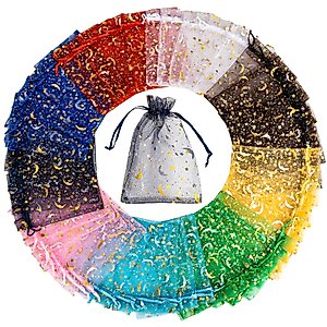 Sukh 100pcs Organza Bags 4"X6" - Moon Star Small Gift Bags Bulk Party Favor Mesh Bags Drawstring Goodie Wrap Pouch Bags Candy Jewelry Sachet Bracelet Fruit Protection Bags Wedding Halloween Christmas