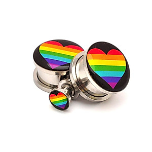 Mystic Metals Body Jewelry Screw on Plugs - Rainbow Heart Picture Plugs - Sold As a Pair (2g (6mm))