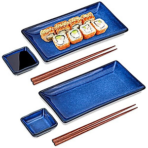 uniidea Ceramic Sushi Serving Tray Sets 2, 6 Pieces Japanese Style Porcelain Sushi Plate Set with Soy Sauce Dishes, Bamboo Chopsticks Housewarming Gift, Blue
