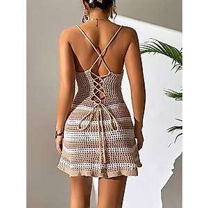 SOLY HUX Womens Bathing Suit Cover Ups Crochet Swimsuits Swimwear Striped Cut Out Summer Beach Cami Dress Brown and White Medium