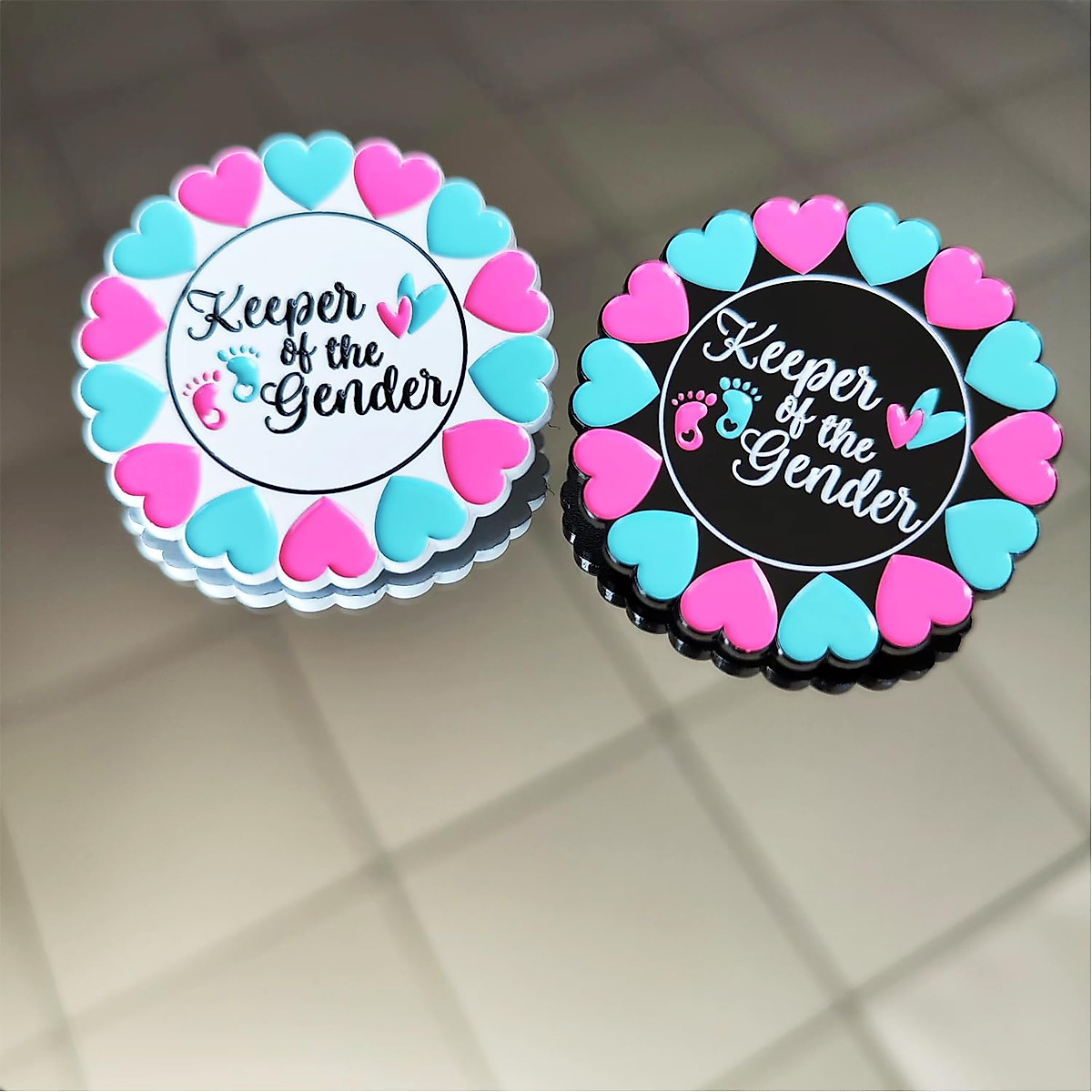 Arturbo Keeper of the Gender Reveal Button Badges Baby Feet Hearts Enamel Lapel Pins Brooch for Baby Shower Gender Reveal Party Favors Gifts Decoration