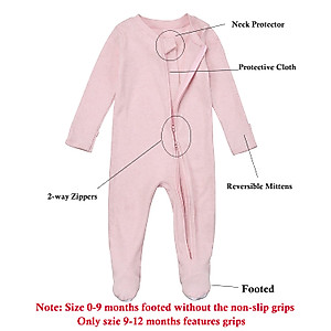 Aablexema Baby Footie Pajamas with Mittens - 3Pcs Infant Footed Sleeper Cotton Sleepwear Outfits(Grey Khaki/Dot/Pink, 9-12M)