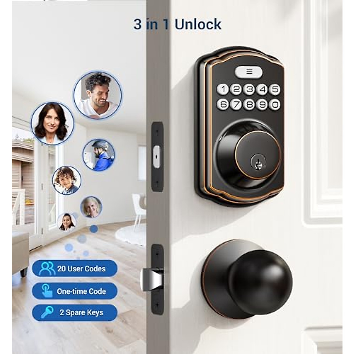 Veise Keyless Entry Door Lock with 2 Door Knobs - Keypad Door Lock with Handle, Front Door Lock Set, Electronic Keypad Deadbolt Smart Lock, Auto Lock, Easy Installation, Oil-Rubbed Bronze
