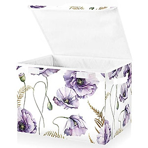 SUABO Watercolor Flowers Purple Poppies Storage Bin with Lid Large Oxford Cloth Storage Boxes Foldable Home Cube Baskets Closet Organizers for Nursery Bedroom Office
