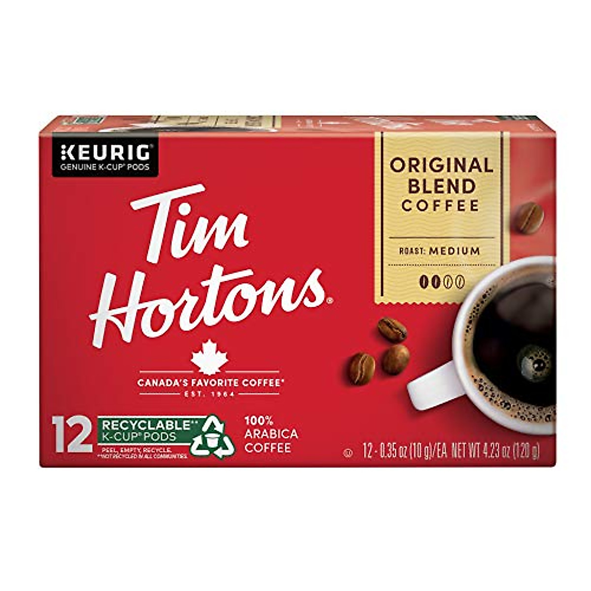 Tim Hortons Original Blend, Medium Roast Coffee, Single-Serve K-Cup Pods Compatible with Keurig Brewers, 72ct K-Cups, 6x12ct Boxes