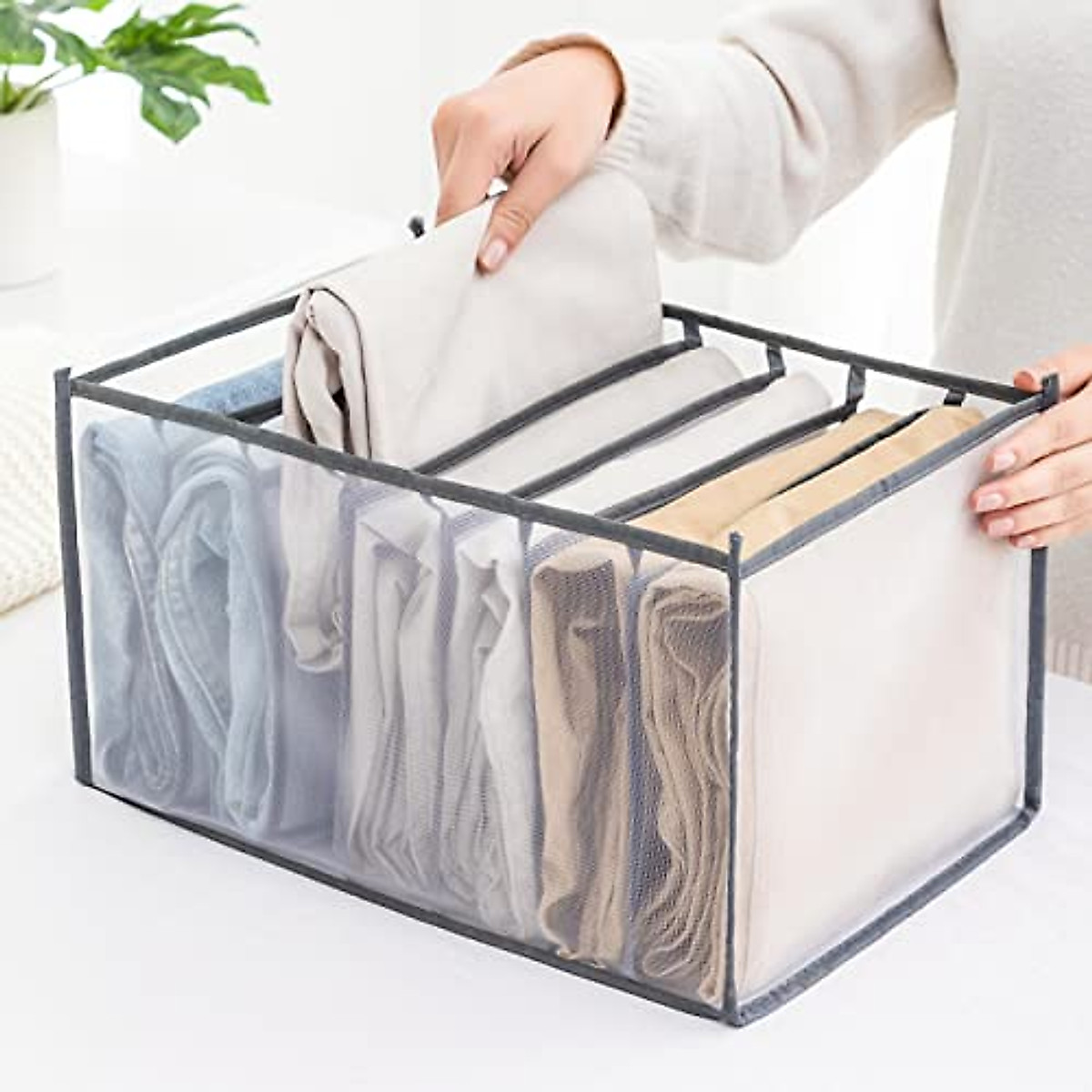 SelfTek 4 Pcs Wardrobe Clothes Organizer, Foldable Drawer Organizers for Clothing, 7 Grids Clothes Compartment Storage Box for Socks, Skirts, T-shirts, Jeans and underwear Organizers and Storage