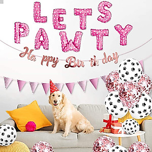 Esweny Dog Cat Birthday Party Supplies,Dog Paw Print Balloons Sequined balloon,Lets Pawty Balloons, Happy Birthday Banner Foil Balloons Pet Party Decoration