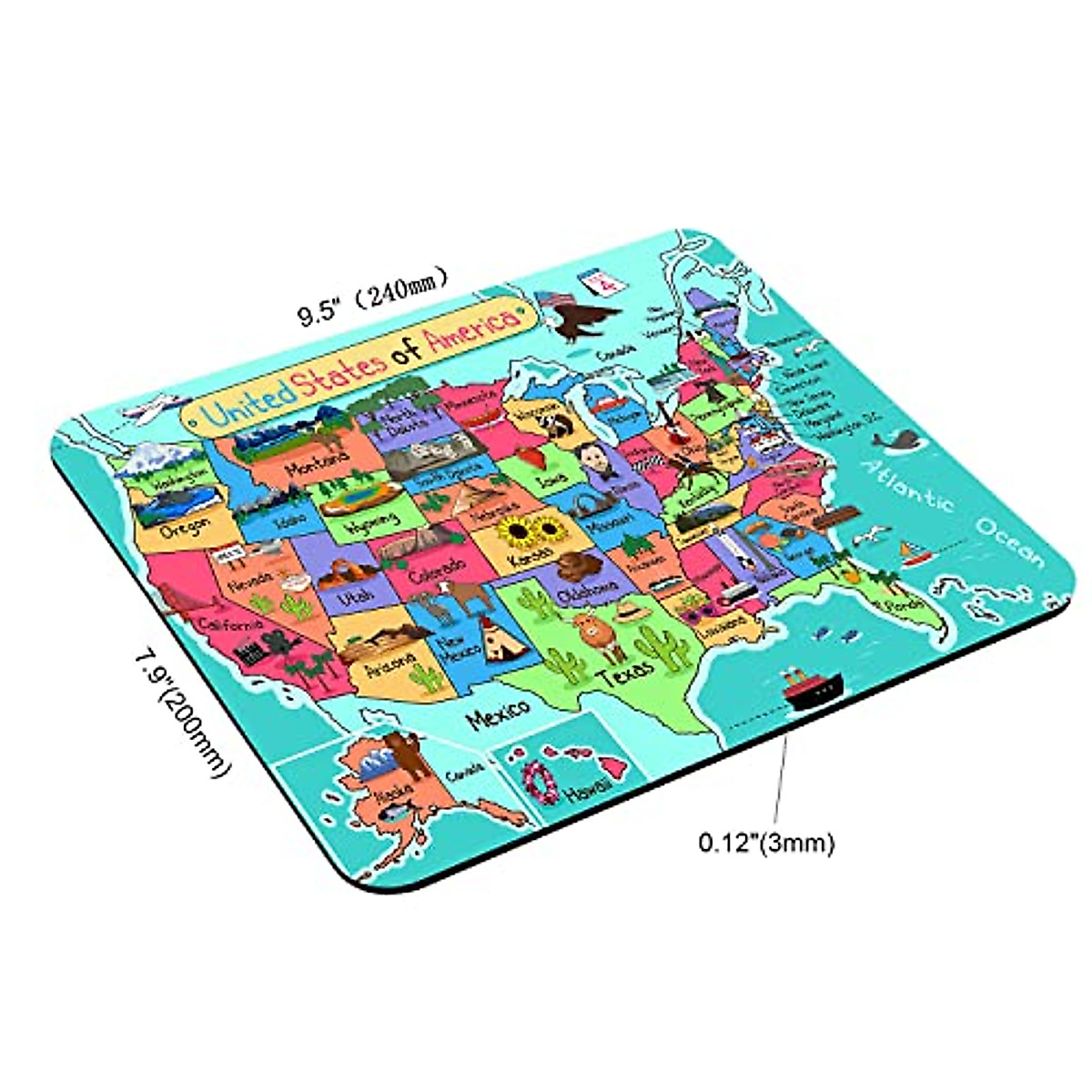 Map of The United States Mouse Pad, Cartoon Fun Facts Geography USA Map Mouse Pad Mouse Mat Square Mouse Pad Non Slip Rubber Base MousePads for Office Laptop, 9.5"x7.9"x0.12" Inch
