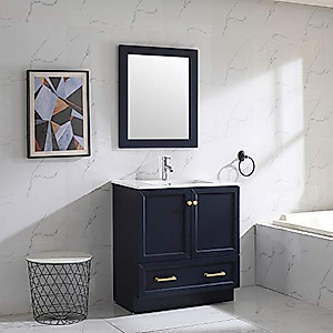 walsport Bathroom Vanity with Sink 32" Navy Cabinet White Undermount Ceramic Vessel Sink Vanities Set Chorme Faucet Drain with Mirror