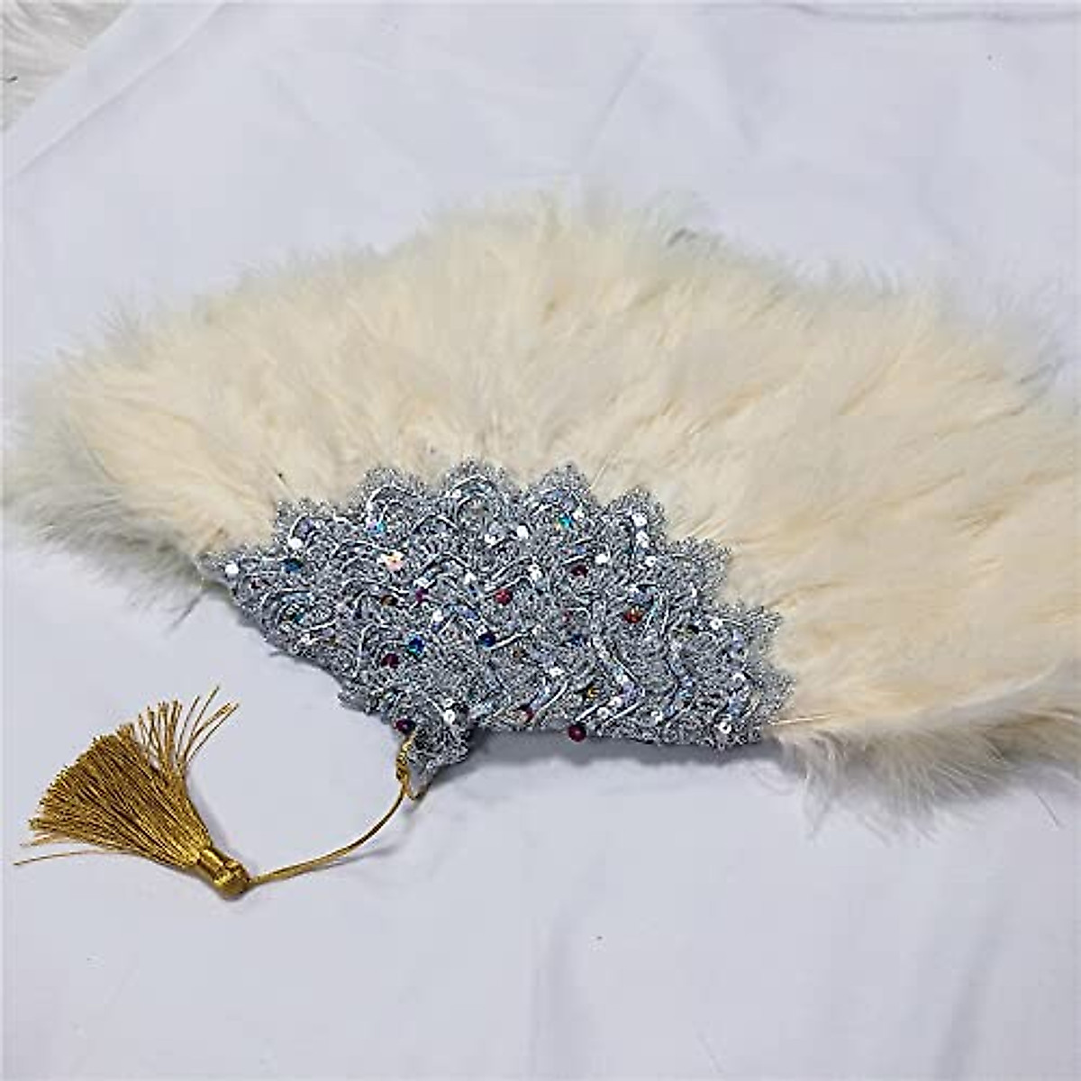 African Feather Fan African Feather Hand Fan Handmade Fans for Wedding Decoration Hand Fan with Sequins Applique Double-Sided Feather Fan - 33cm X 55cm