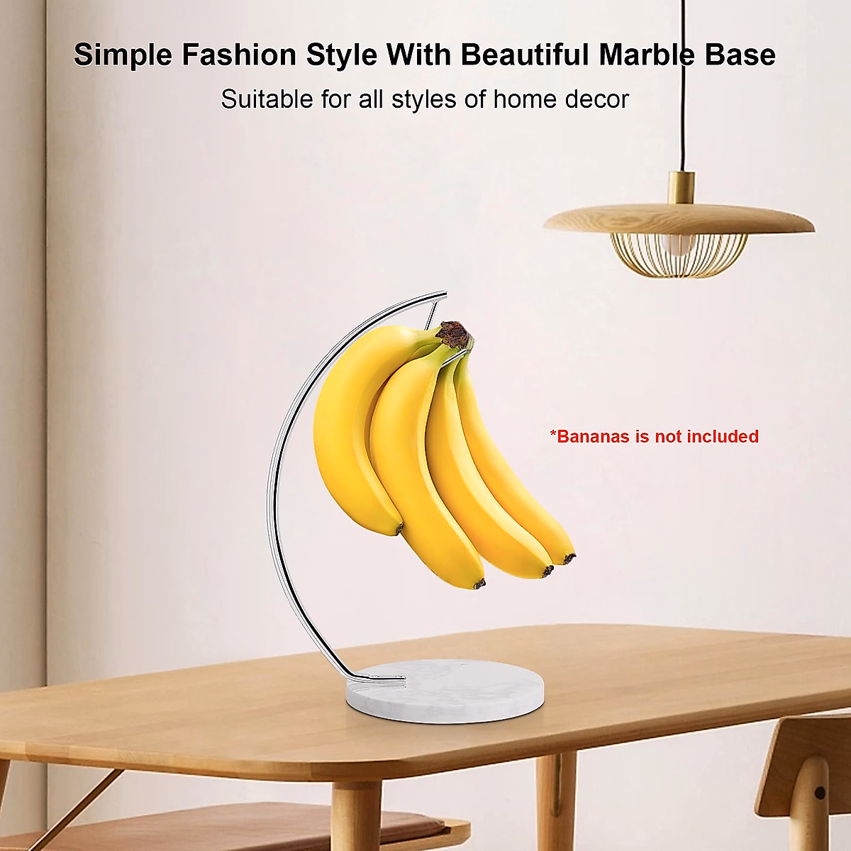 Livabber Banana Holder with Marble Base, Metal Banana Hanger Modern Tree Stand with Hook, Stylish Banana Keeper Fresh Fruit Storage Organizer Freestanding for Kitchen Countertop (Chrome, Single Hook)