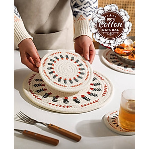 YONOVO Thanksgiving 9.5" Cotton Trivets Set, 3Pcs Pot Holders Woven Large Hot Pads Mats Thick Heat Resistant for Hot Pots and Pans Round Hot Plate Holder Washable Potholders Kitchen Farmhouse