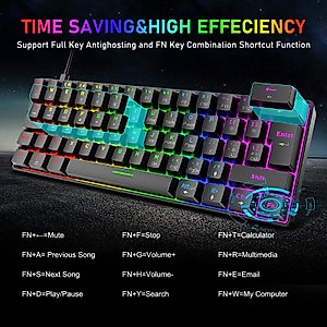 Mechanical Gaming Keyboard and Mouse Mini Wired Combo with RGB Headset Rainbow Backlight Ergonomic 62Key Anti-Ghosting Adjustable Mic 6400DPI Mice USB-C for PC Gamer Computer Typist(Black/Red Switch)