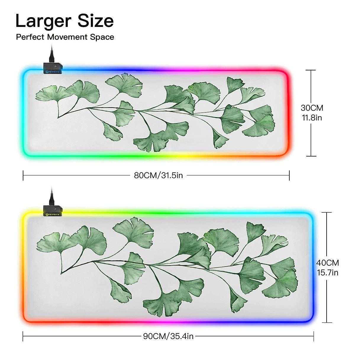 Large RGB Gaming Mouse Pad Ginkgo Biloba Known Ginko Gingko Leaves Glowing Extended Mousepad 35.4x15.7in, Soft Anti-Slip Rubber Base Luminous Mouse Mat for Pc Laptop, Gaming, Office, Home