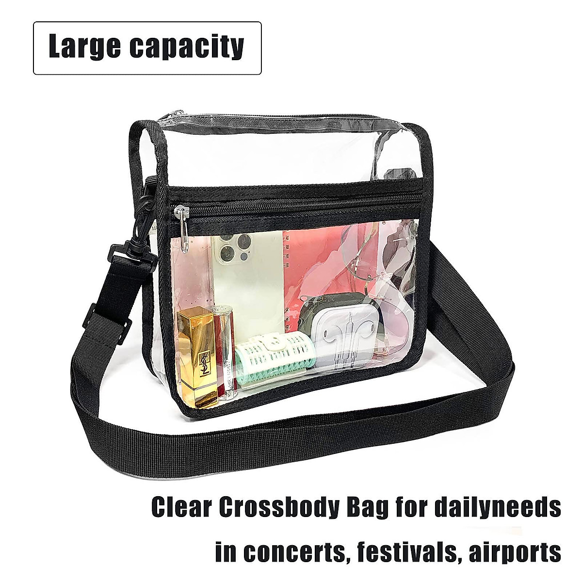 Fibrdoo Clear Bag Stadium Approved, Clear Crossbody Purse Bag with Adjustable Strap for Women, Sports, Concerts and Festival