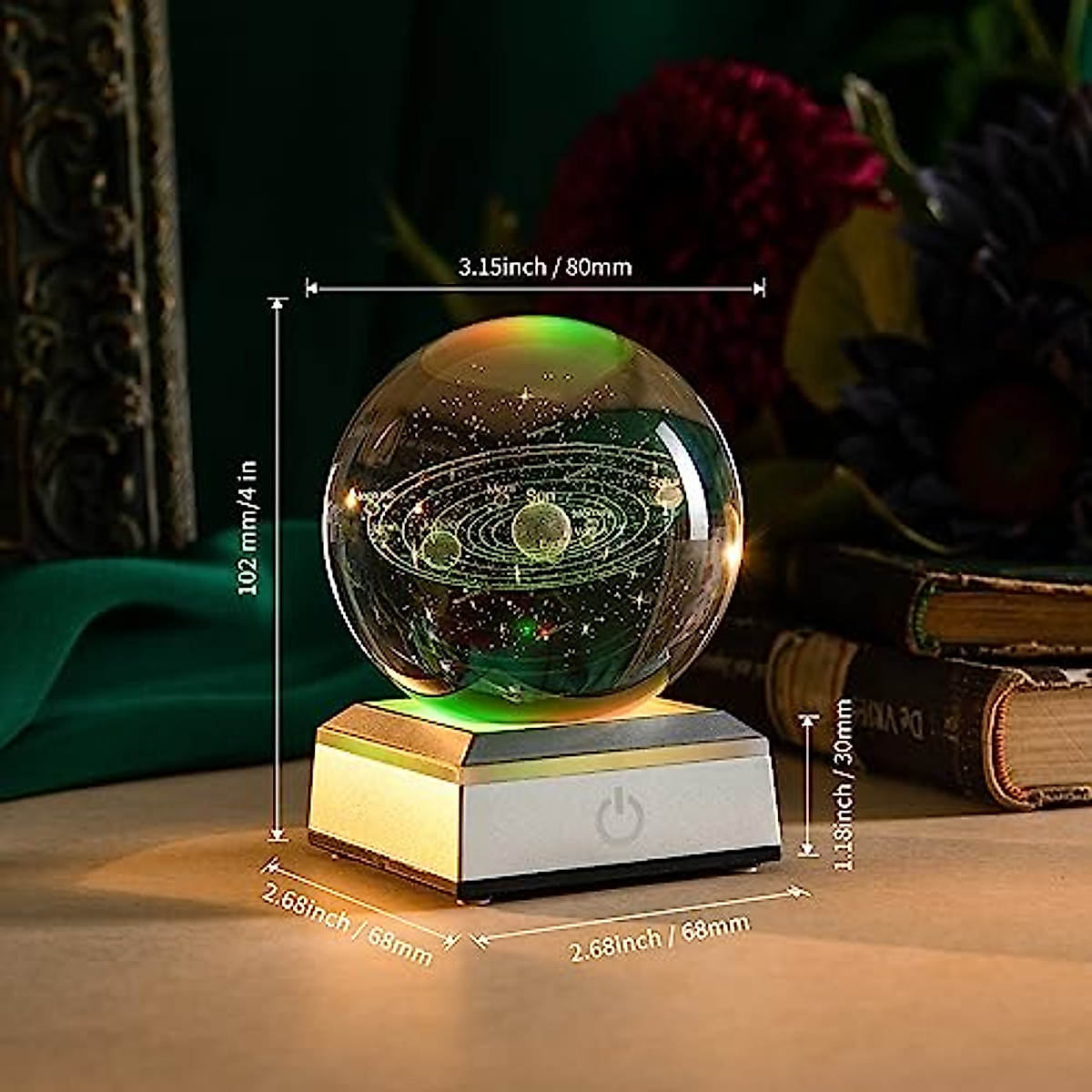 ERWEI 3D Solar System Model Crystal Ball 3.15" Laser Engraved Universe Planets Globe with Led Light Base Science Astronomy Gifts Educational Space Gift Kids Solar System Toys