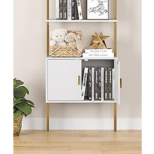 Gadroad 73" Tall Bookshef with Cabinet, Wall Mounted Industrial Ladder Bookcase with Wood and Metal Frame, 5 Tier Plant Shelf Display Storage Shelves for Living Room Bedroom, White Gold