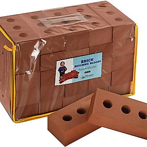 Playlearn 25pc Foam Brick Building Blocks for Kids- Children’s Reflective Worker Vest and Storage Bag Included - Actual Brick Size – Lightweight, Soft Building Blocks - Fake Brick Blocks