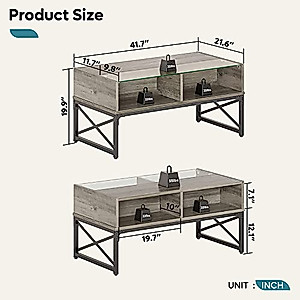Bestier LED Coffee Tables for Living Room, Glass Center Table with Storage for Game Night. 42 Inch Large Living Room Tables Grey Wash