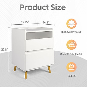 Nightstand with Charging Station, Bedside Table with USB & Type-C Port, Modern End Table with 2 Drawers for Bedroom Furniture, White