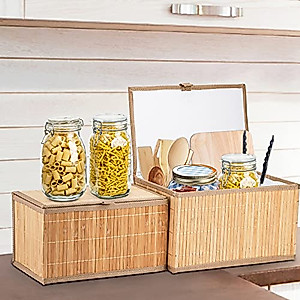 SOUJOY Set of 3 Bamboo Decorative Storage Basket with Lids, Rectangle Storage Bins, Handwoven Wicker Lidded Basket with Cloth Liner for Desk Bedroom Shelf Organizer