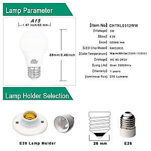AutoCht LED Light Bulbs 25 Watt Incandescent Equivalent High Bright E26 Base 3 Watt Warm White Energy Saving Bulbs Home Lighting 270 Lumens, A15, Pack of 5