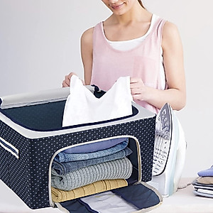 Storage Bins for Clothes , Oxford Cloth Closet Organizer Boxes with Clear Windows & Zippers & Metal Fraem, Foldable Large Capacity Storage Box Great for Clothes,Closets, Bedrooms(2 Pack 22L Blue)…