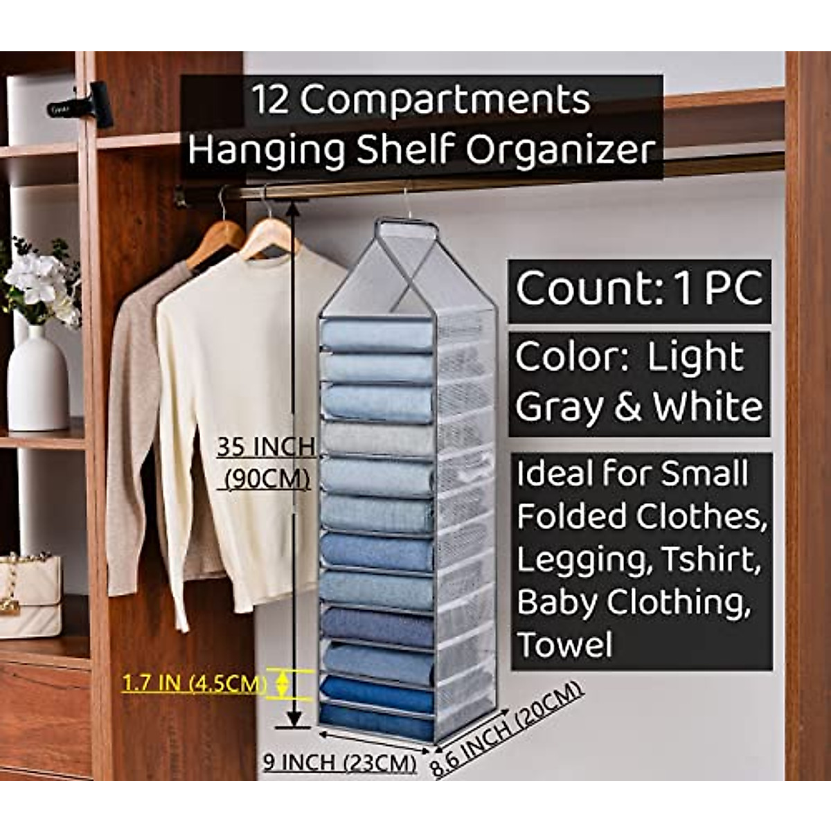 Fordonral Hanging Closet Organizer 12 Shelves, Small Compartments Wardrobe Hanging Organizer for T Shirt Towel Legging Organizer, Space Saving Closet Organizers and Storage, 1 Pack