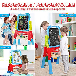 Mojitodon Easel for Kids,Rotatable Double Sided Adjustable Standing Art Easel with Painting Accessories for Toddlers Boys and Girls-Blue