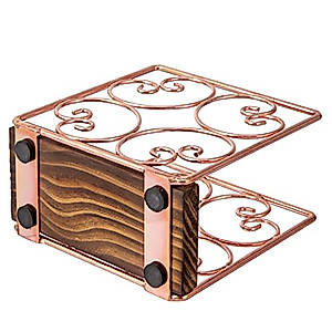 MyGift Copper Tone Metal Wire Napkin Holder with Rustic Burnt Wood Base - Upright Serviette Dispenser Rack with Vintage Style Scrollwork Design