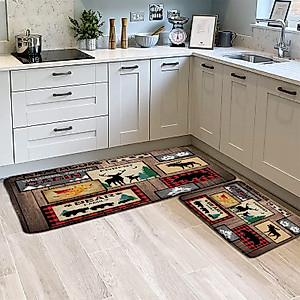 2Pcs Cabin Bear Deer Kitchen Rug Sets Rustic Farmhouse Buffalo Plaid Moose Wildlife Hunting Retro Wooden Board Soft Non-Slip Mat Absorbent Carpet Bath Rugs Floor Decor 17.7”x29.5”+15.7”x47.2”