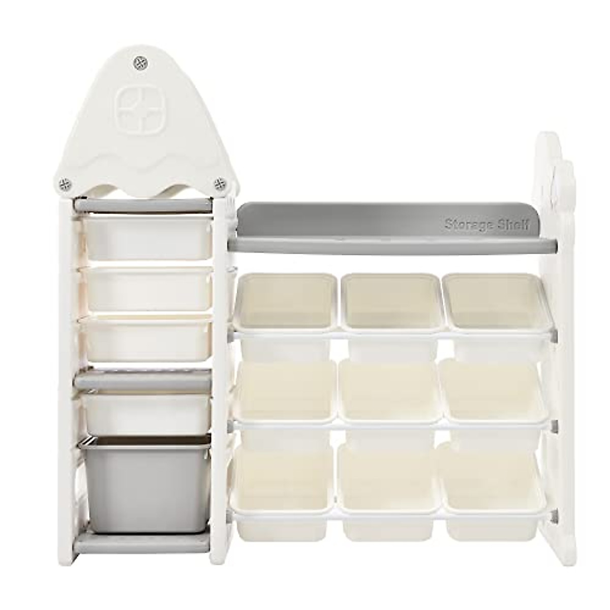 Toy Storage Organizer with 14 Bins, Multi-functional Nursery Toy Shelf, Kids Toy Chest for Boys&Girls with HDPE Shelf and Bins for Playroom, Bedroom, Living Room, Gray