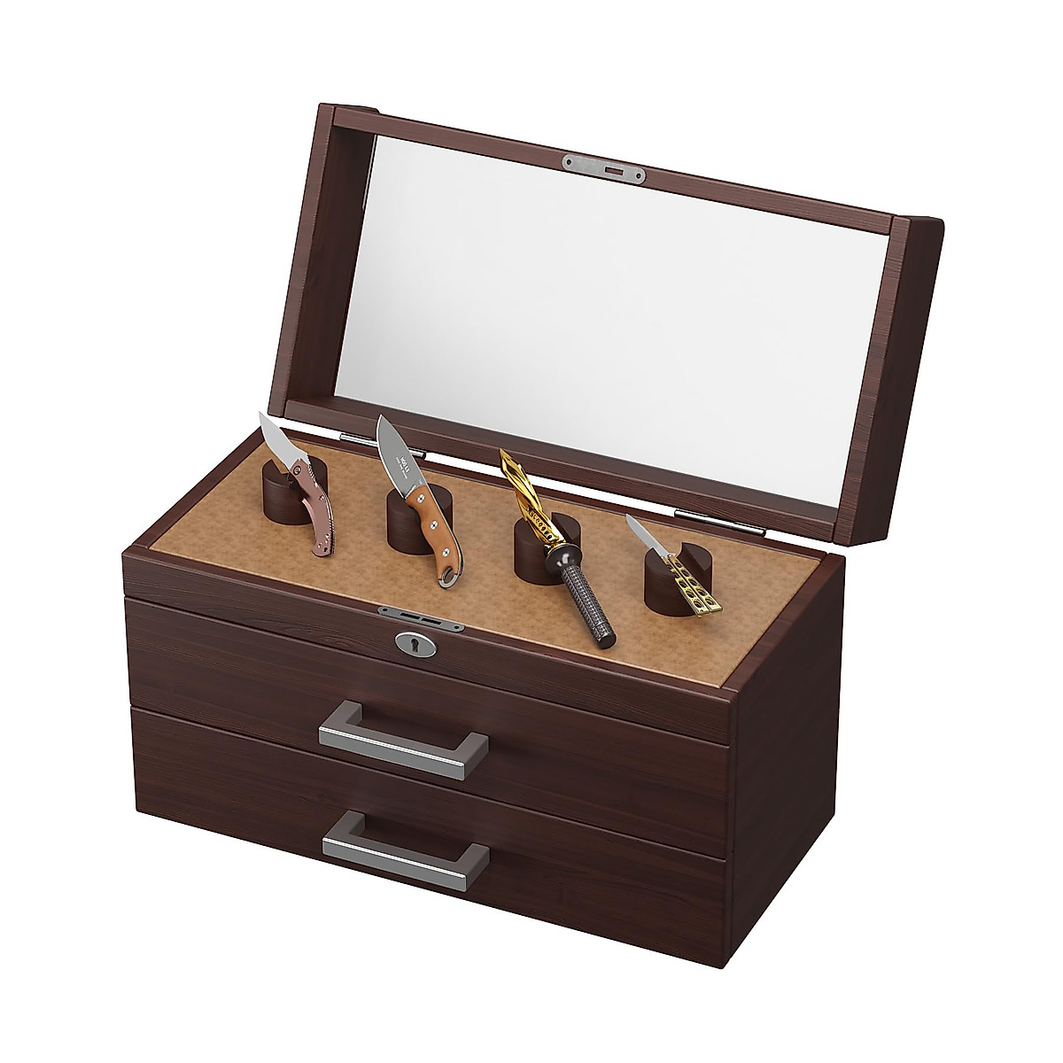 3 Tier Pocket Knife Display Case with 2 Drawers,Wooden Lockable Pocket Knife Holder Box, Large Capacity Knife Organizer Case for Knives,Watches,Wallets Storage and Colletcion