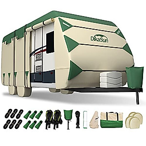 Travel Trailer Cover 24-27ft, DikaSun 600D Oxford Ripstop RV Cover Breathable Anti-UV Waterproof Windproof Camper Cover with Tire Cover, Tongue Jack Cover, Gutter Cover and Extra Long Straps