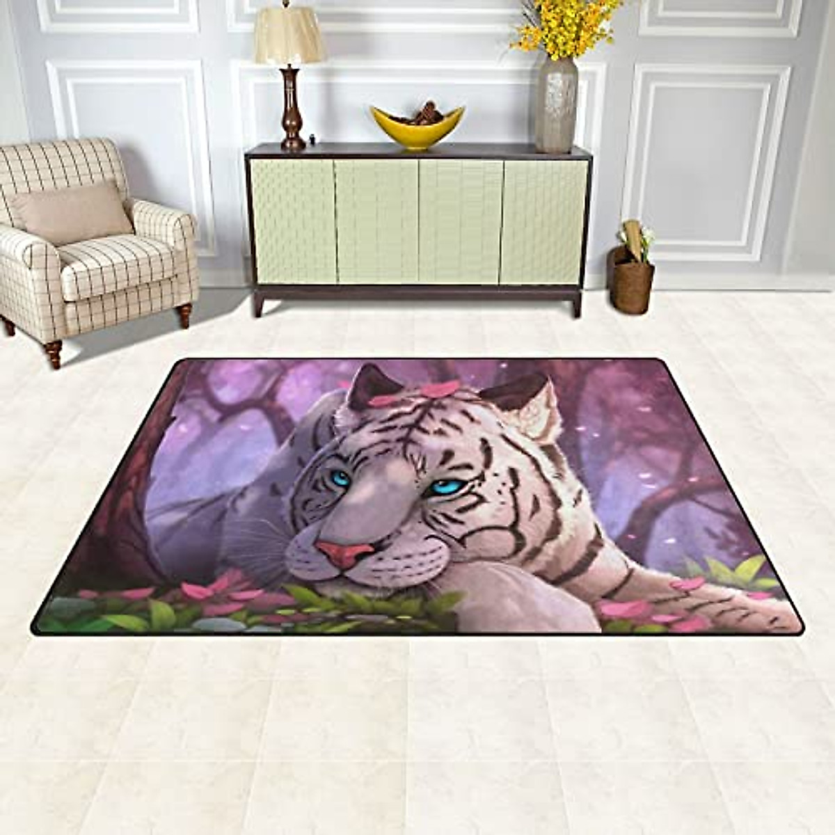 White Tiger Non Slip Area Rug for Living Dinning Room Bedroom Kitchen, Soft Washable Indoor/Outdoor Floor Carpet Rugs, Home Decorative, 31x20 inch