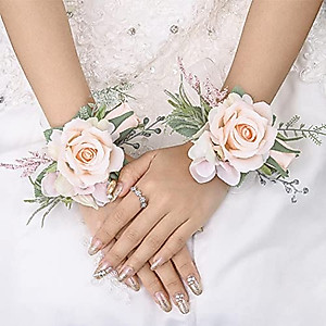 Campsis Wedding Handmade Wrist Flower Corsage Pink Leave Ribbon Bride Wristlet for Bridal Bridesmaid Prom Party Beach Photography 2PCS