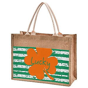 Jute Burlap Tote Luck Clover Shamrock St Patrick's Day Spring Striped Green Orange Large Beach Bag Reusable Grocery Shopping Storage Bag