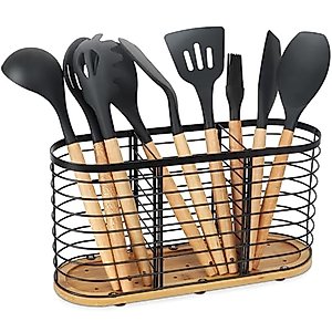 Utensil holder for Kitchen Counter- Large Utensils Holder For Farmhouse Cooking 13.5" x 4.3" x 6.9" with Wooden Base Matte Black Cooking Utensil Holder Spatula Holder Utensil Caddy