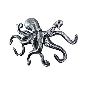 Antique Silver Cast Iron Octopus Hook 11 Inch - Decorative Hook - Sealife Metal Wall Hook